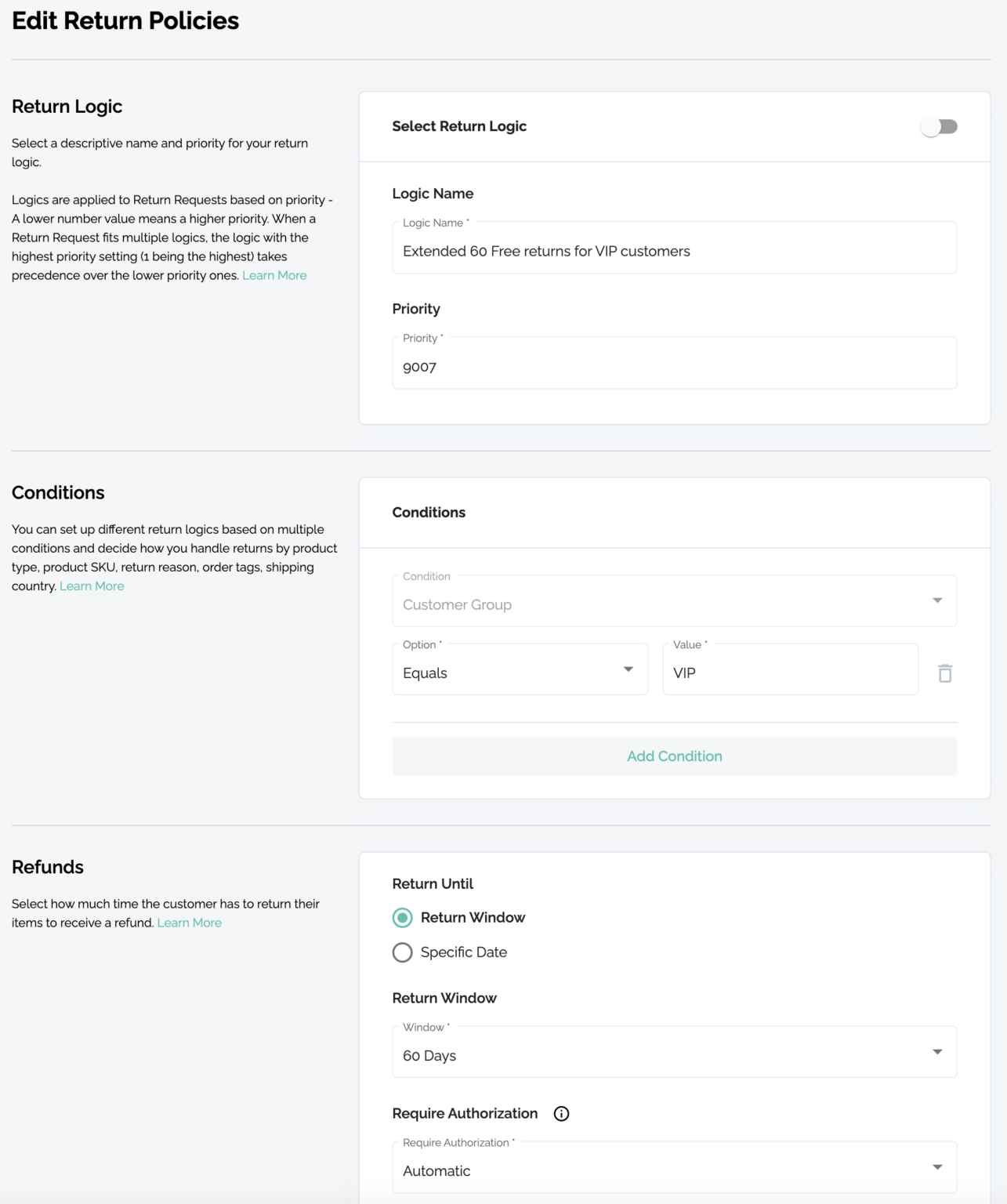 Return Policy for Extended Free returns for VIP customers